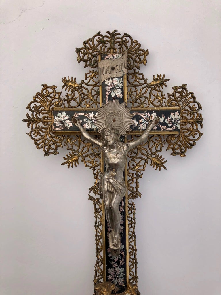 French 1700s Large Crucifix Made of Wood, Metal, Plaster and Mother-of ...