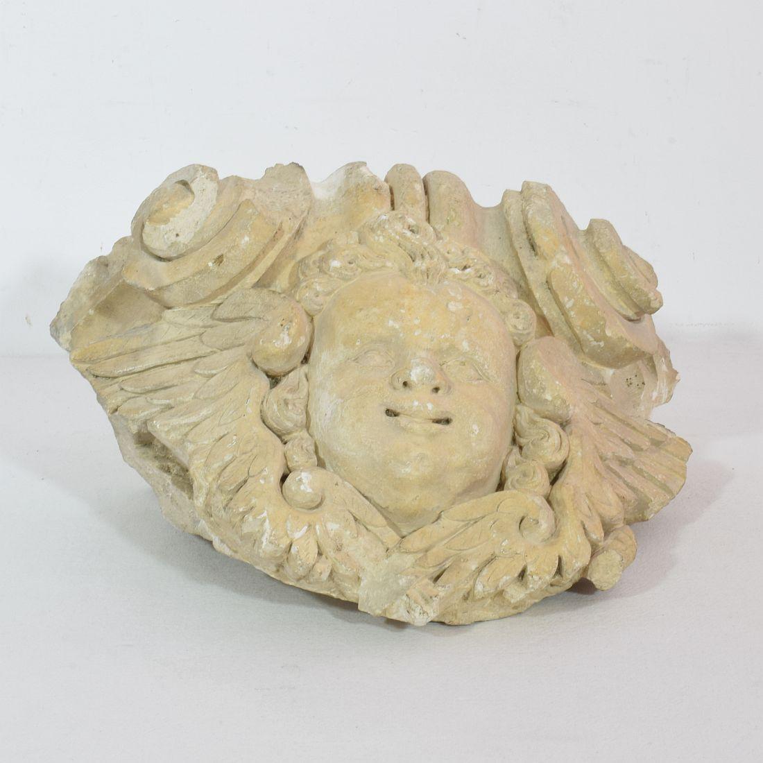 French, 17th / 18th Century Carved Stone Winged Angel Head Ornament For ...