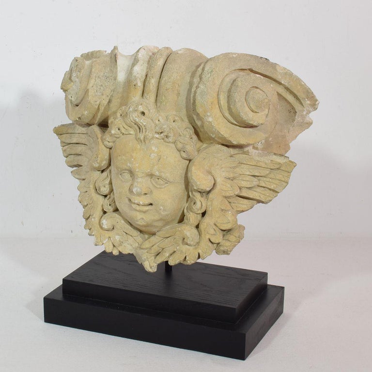 French, 17th / 18th Century Carved Stone Winged Angel Head Ornament For ...