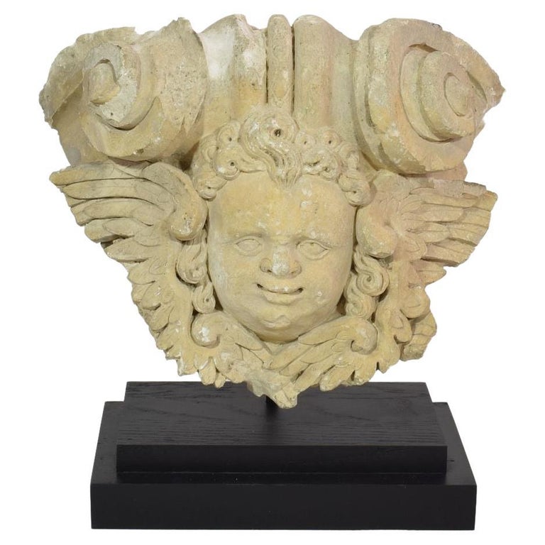 French, 17th / 18th Century Carved Stone Winged Angel Head Ornament For ...