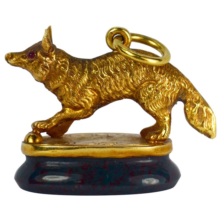 French 18 Karat Yellow Gold Red Ruby Bloodstone Fox Seal Charm Pendant ...