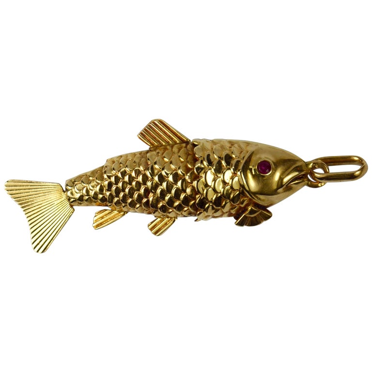 French 18 Karat Yellow Gold Red Ruby Large Articulated Fish Charm ...
