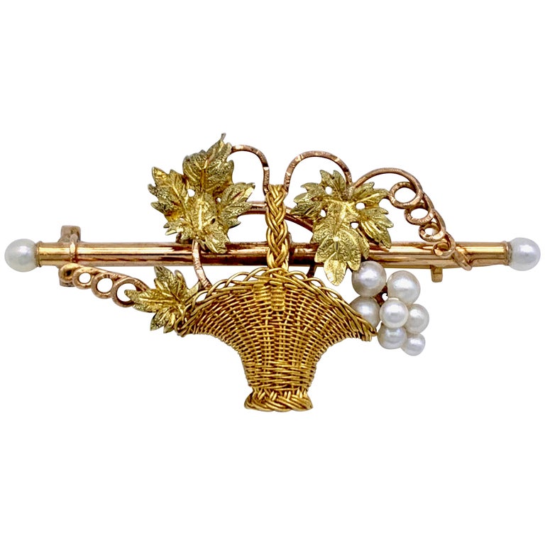 French 18 Karat Three Color Gold Pearls Grapes Vine Braided Handle ...