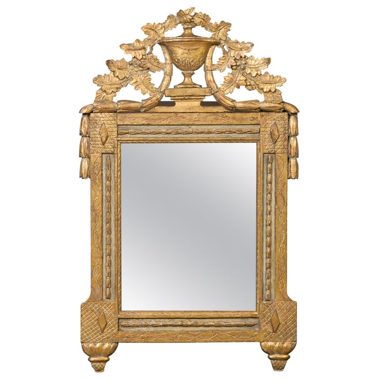 French 1800s Giltwood Crested Mirror with Carved Foliage, Urn and ...