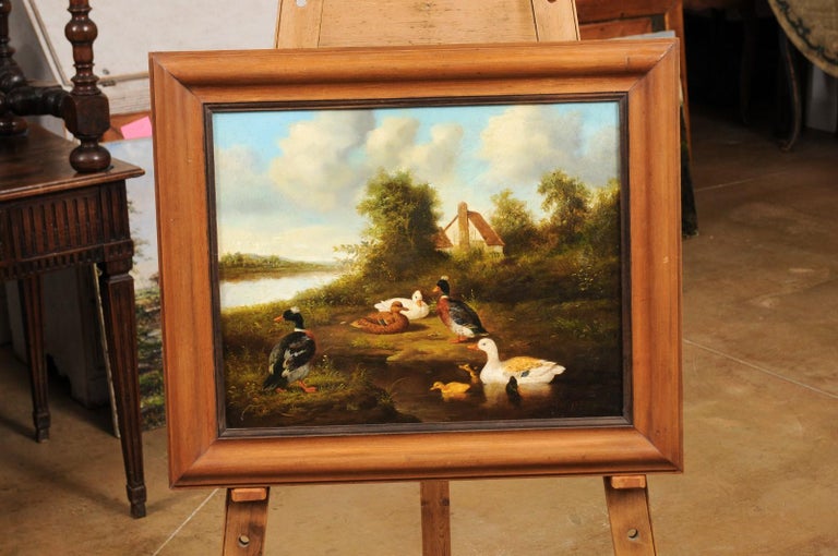 French 1850s Oil on Panel Baryard Painting with Ducks and Vibrant ...