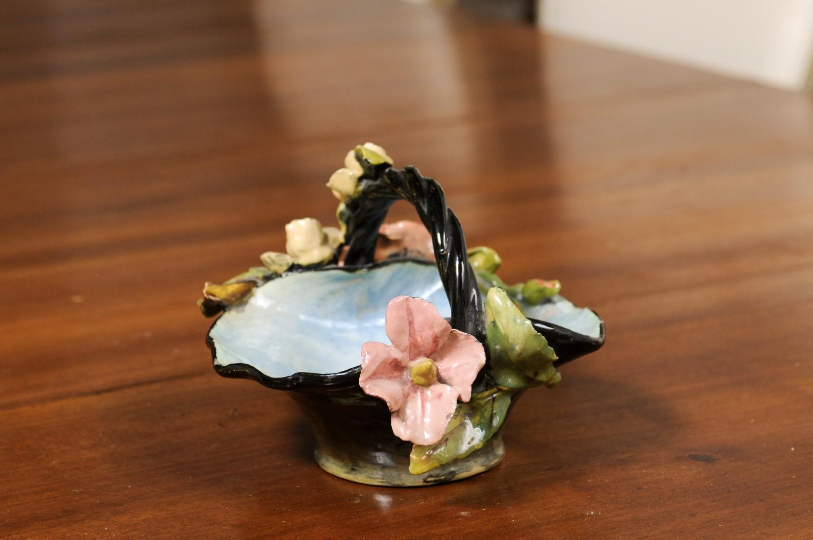 French 1880s Barbotine Majolica Basket with High Relief Colorful ...