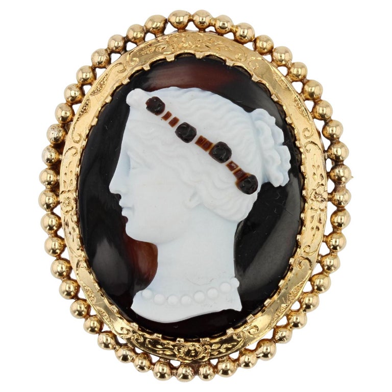 French 1880s Bi-Layer Agate Cameo 18 Karat Yellow Gold Brooch For Sale ...