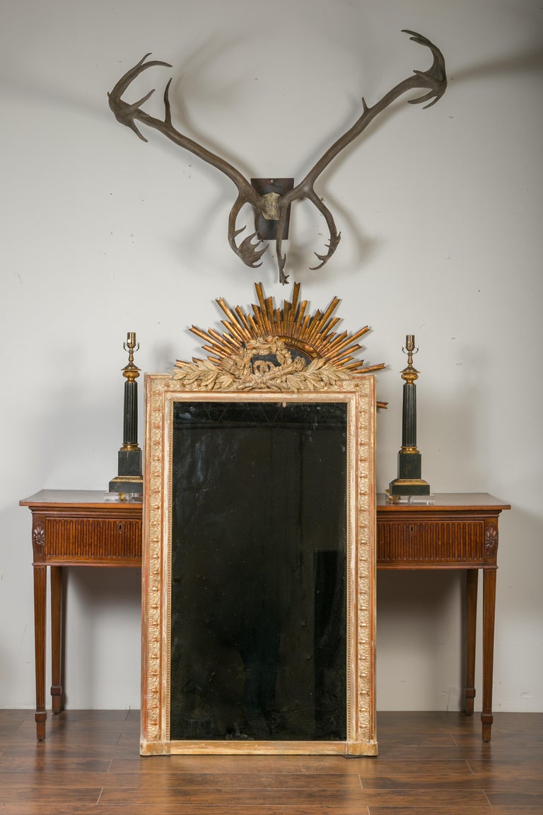 French 1880s Gilt and Painted Mirror with Carved Floral Wreath, Torch ...