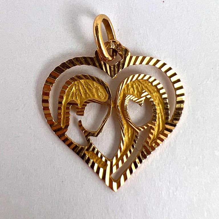 French 18k Yellow Gold Lovers Love Heart Charm Pendant For Sale at 1stDibs