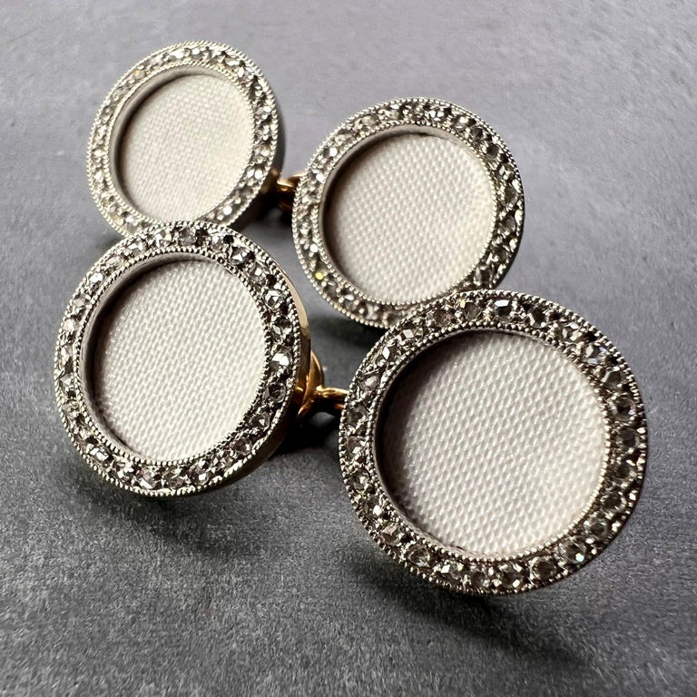 French 18K Yellow Gold Platinum Diamond and Enamel Cufflinks For Sale ...