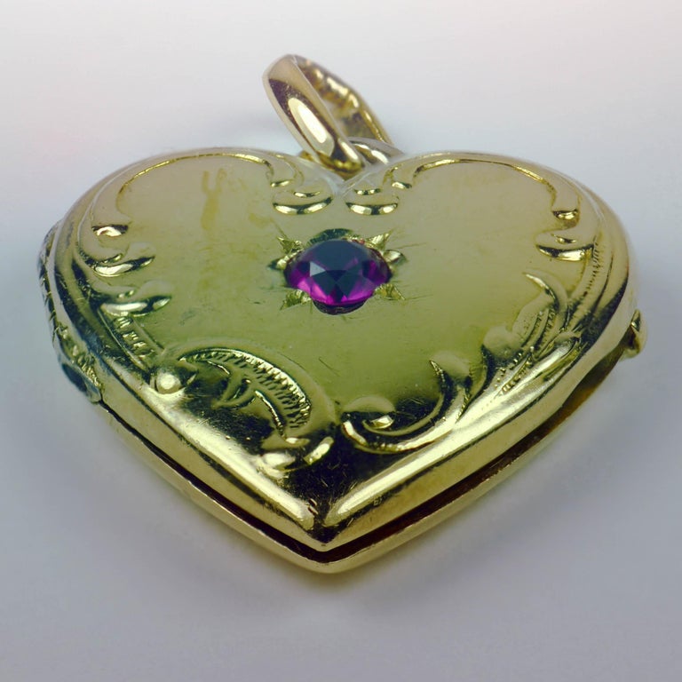 French 18 Karat Yellow Gold Red Ruby Heart Locket Charm Pendant at 1stDibs