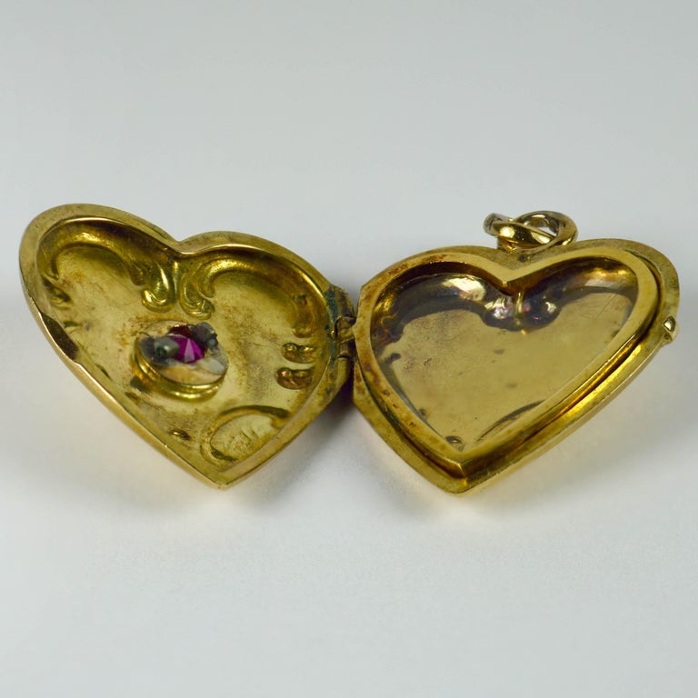 French 18 Karat Yellow Gold Red Ruby Heart Locket Charm Pendant at 1stDibs