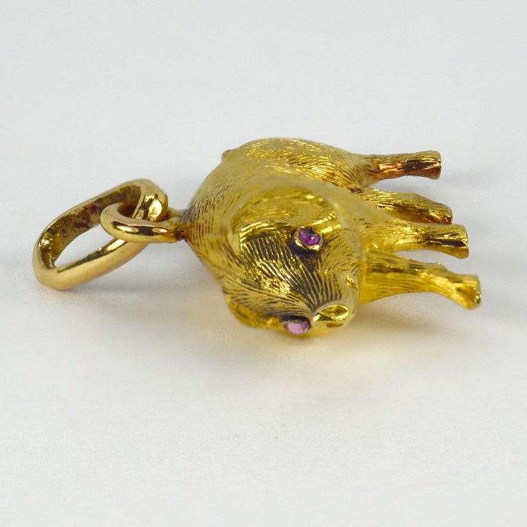 French 18k Yellow Gold Ruby Pig Charm Pendant at 1stDibs