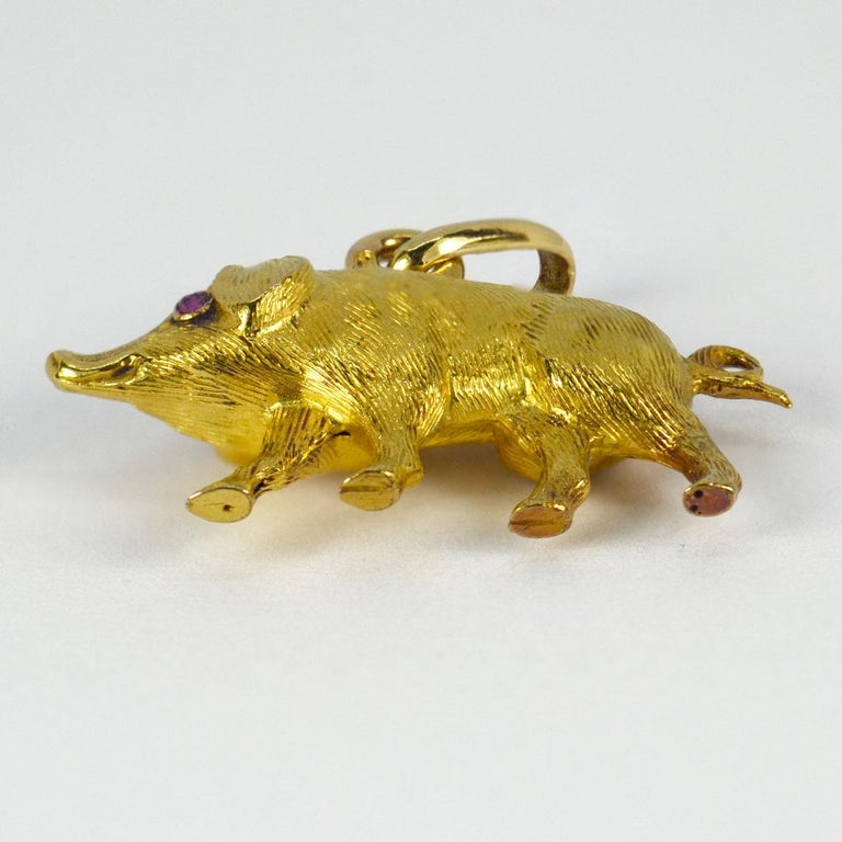 French 18k Yellow Gold Ruby Pig Charm Pendant at 1stDibs