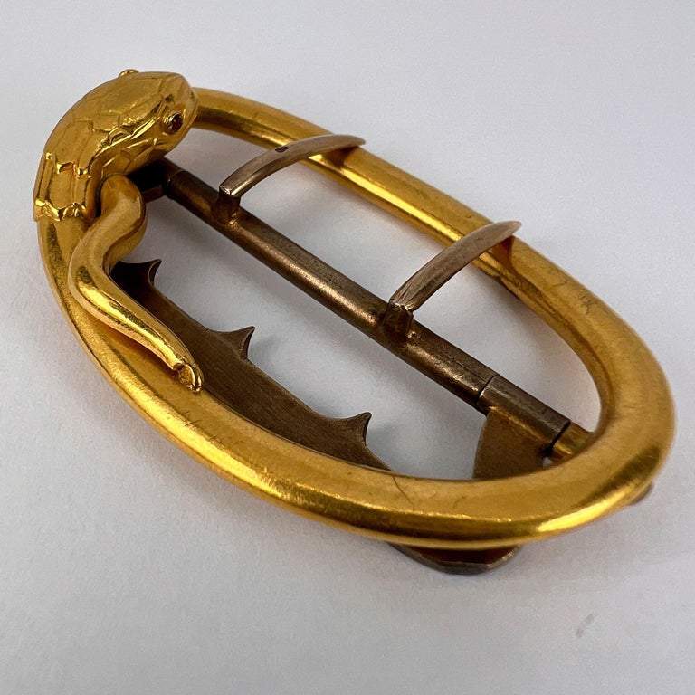 French 18K Yellow Gold Silver Garnet Snake Belt Buckle For Sale at 1stDibs