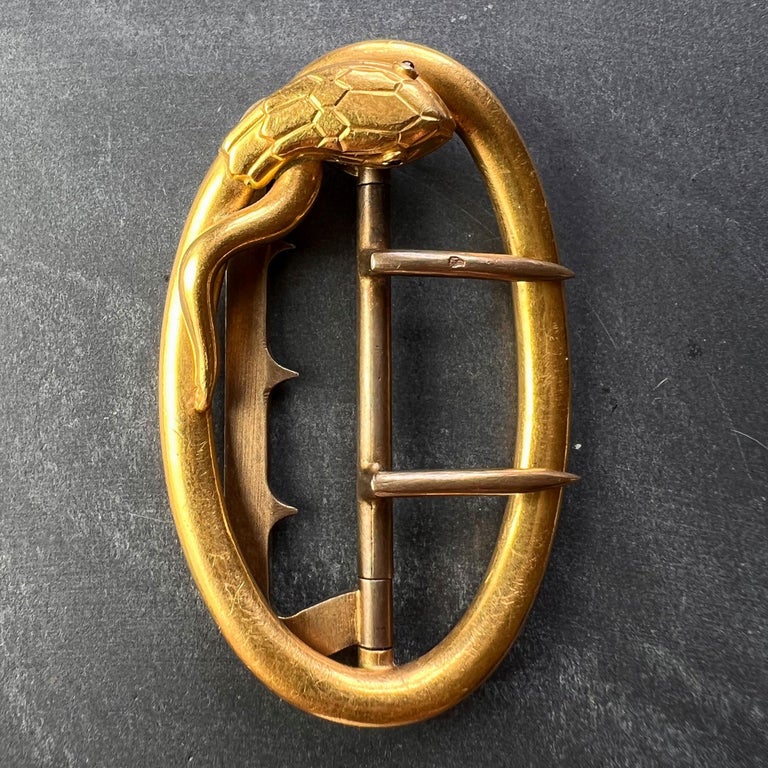 French 18K Yellow Gold Silver Garnet Snake Belt Buckle For Sale at 1stDibs