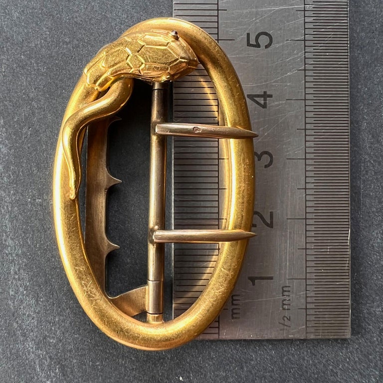 French 18K Yellow Gold Silver Garnet Snake Belt Buckle For Sale at 1stDibs