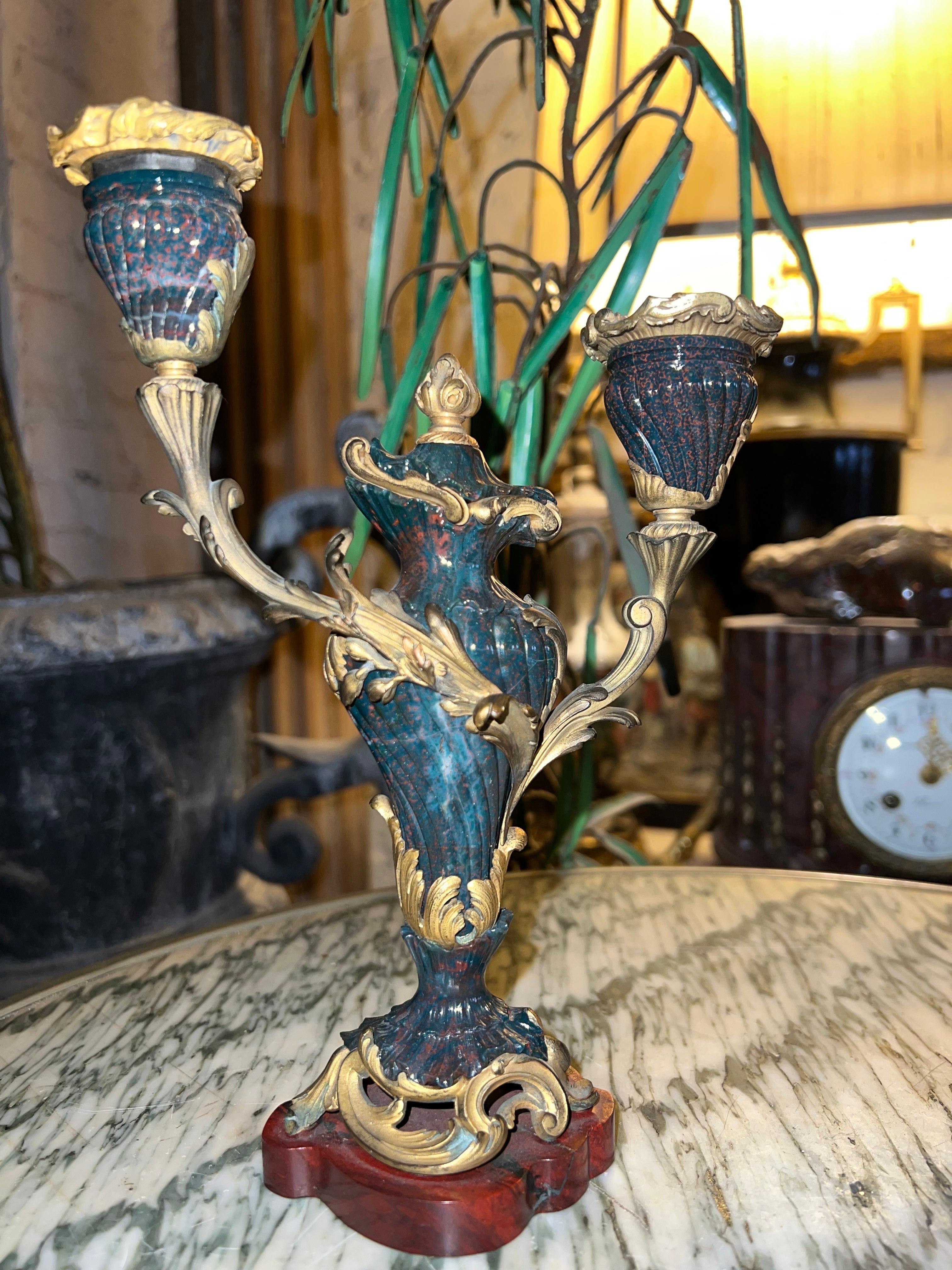 French 18th C. Bloodstone with Gold Candlestick Holder Pair at 1stDibs