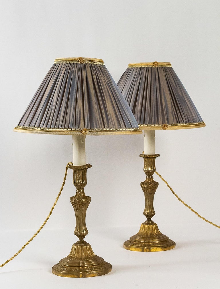 French 18th Century Style Pair of Gilt-Bronze Candlestick Lamps at 1stDibs