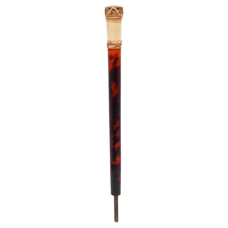 French 1900 Edwardian Tortoise Parasol Handle in 18kt Yellow Gold ...