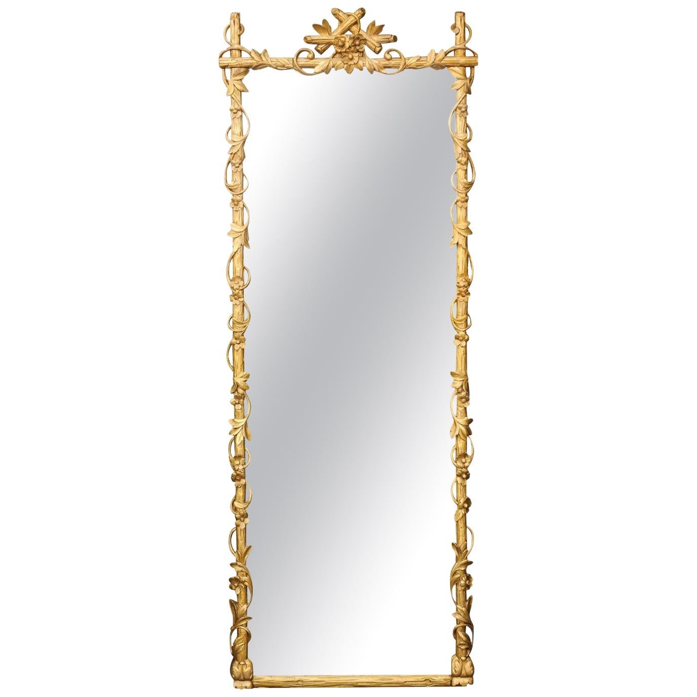 Large English Faux-Bamboo Walnut Mirror Made of 1900s Doors with Carved ...