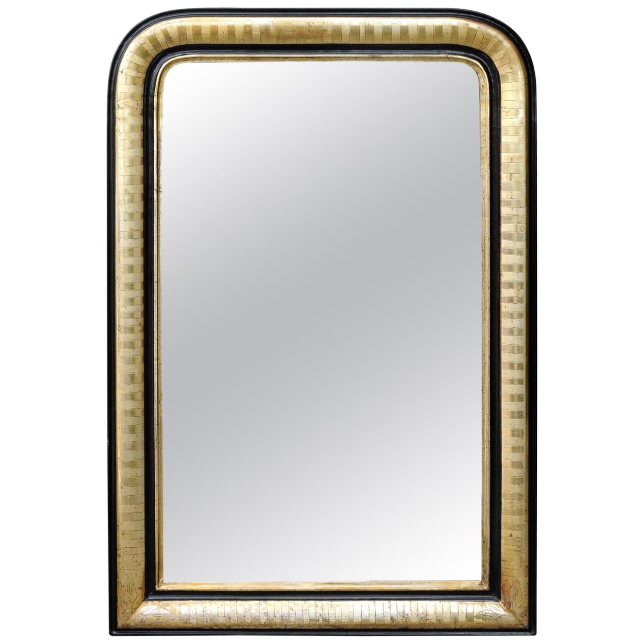 French 1900s Giltwood Mirror with Diagonal Reeded Motifs and Red ...