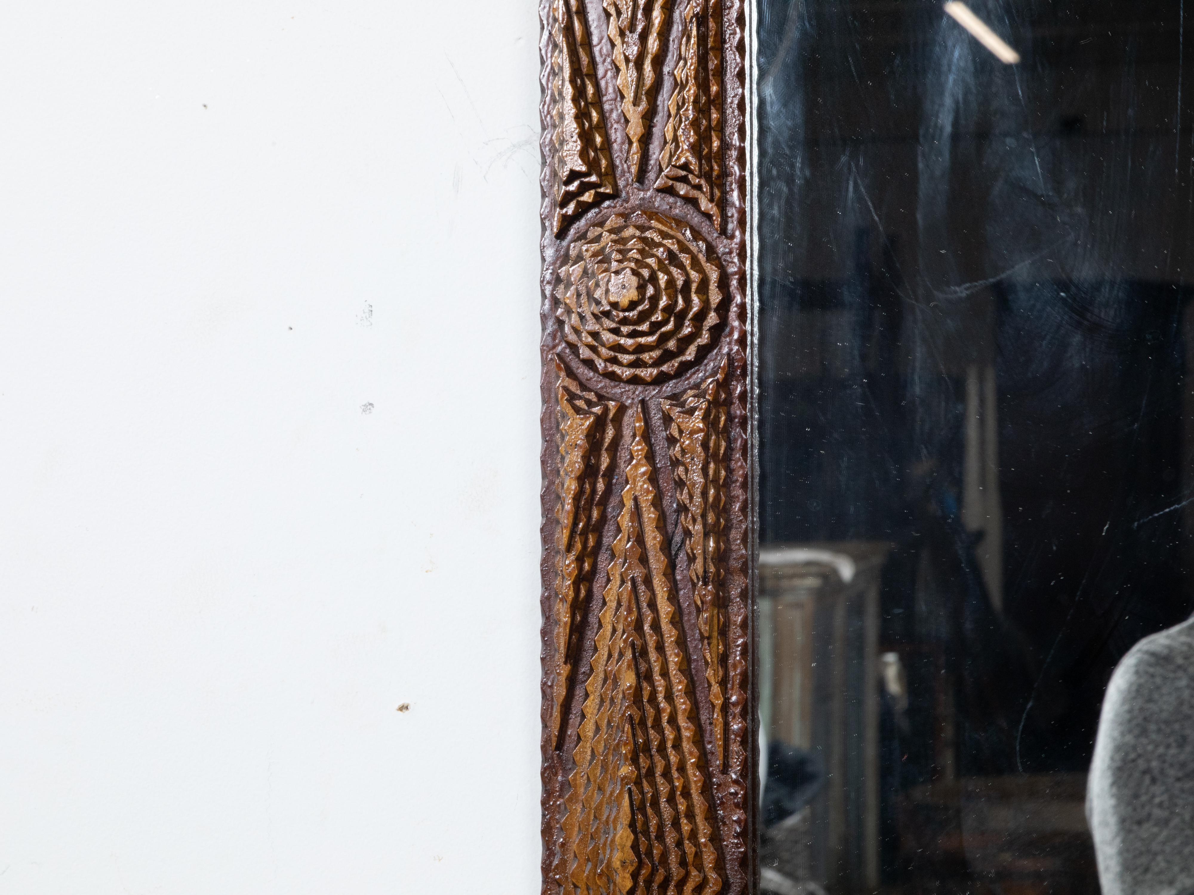 French 1900s Hand Carved Tramp Art Mirror with Raised Diamonds and ...
