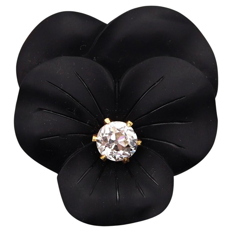 French 1905 Edwardian Art Nouveau Black Onyx Flower Clip 18Kt Gold with ...