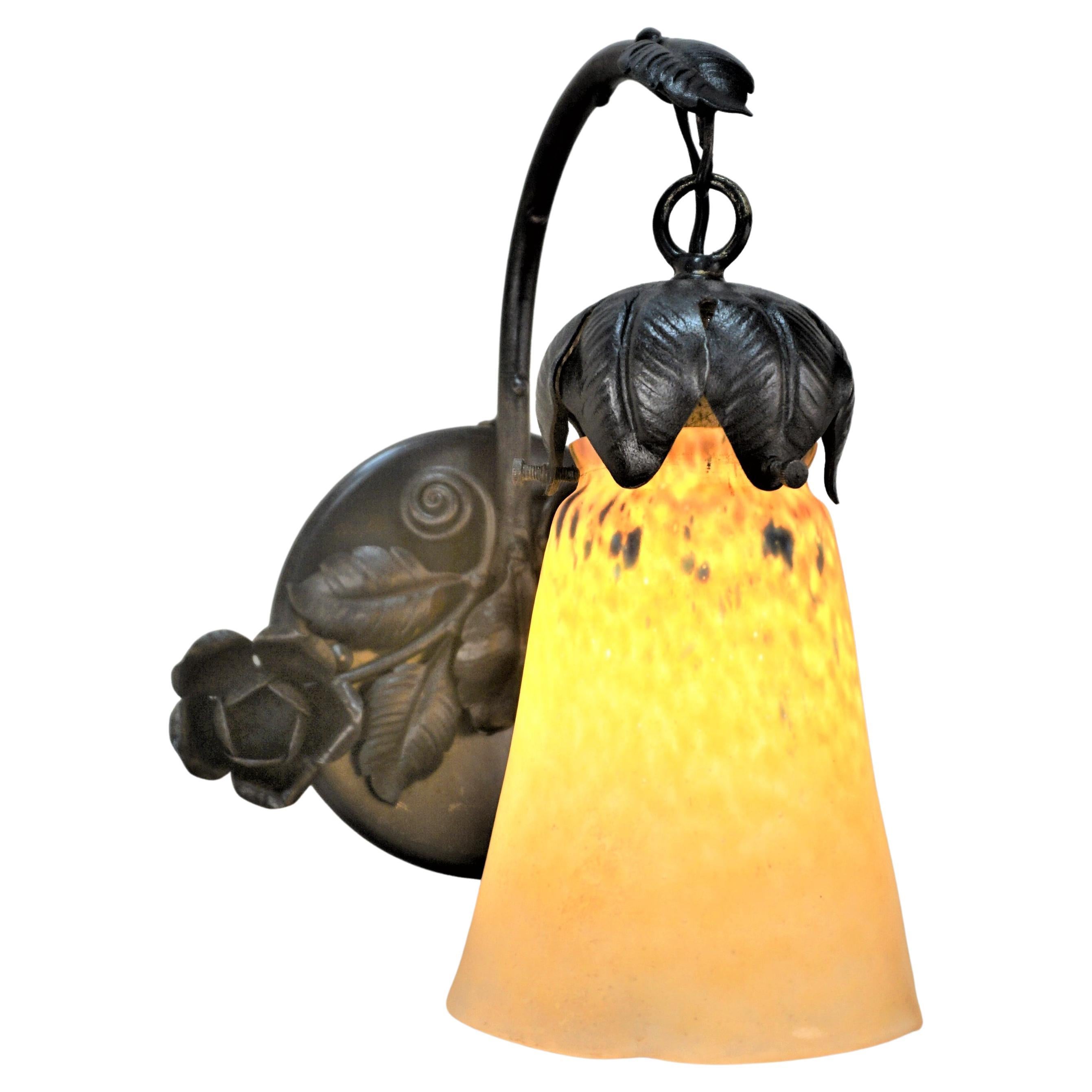 French Art Deco Wrought Iron/Frosted Glass Panel Wall Sconces at 1stDibs