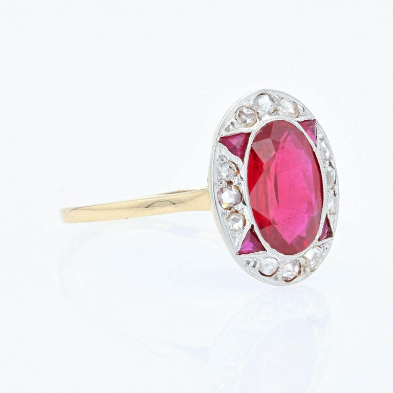 French 1925s Art Deco Diamonds Verneuil Ruby 18 Karat Yellow Gold Ring ...