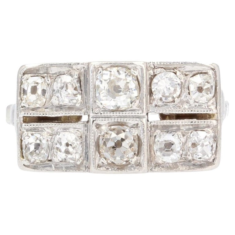 French, 1925s, Diamonds 18 Karat White Gold Platinum Rectangular Ring ...