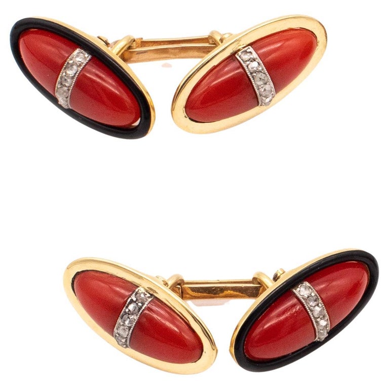 French 1930 Art Deco Cufflinks in 18Kt Gold and Platinum Ox Blood Coral ...