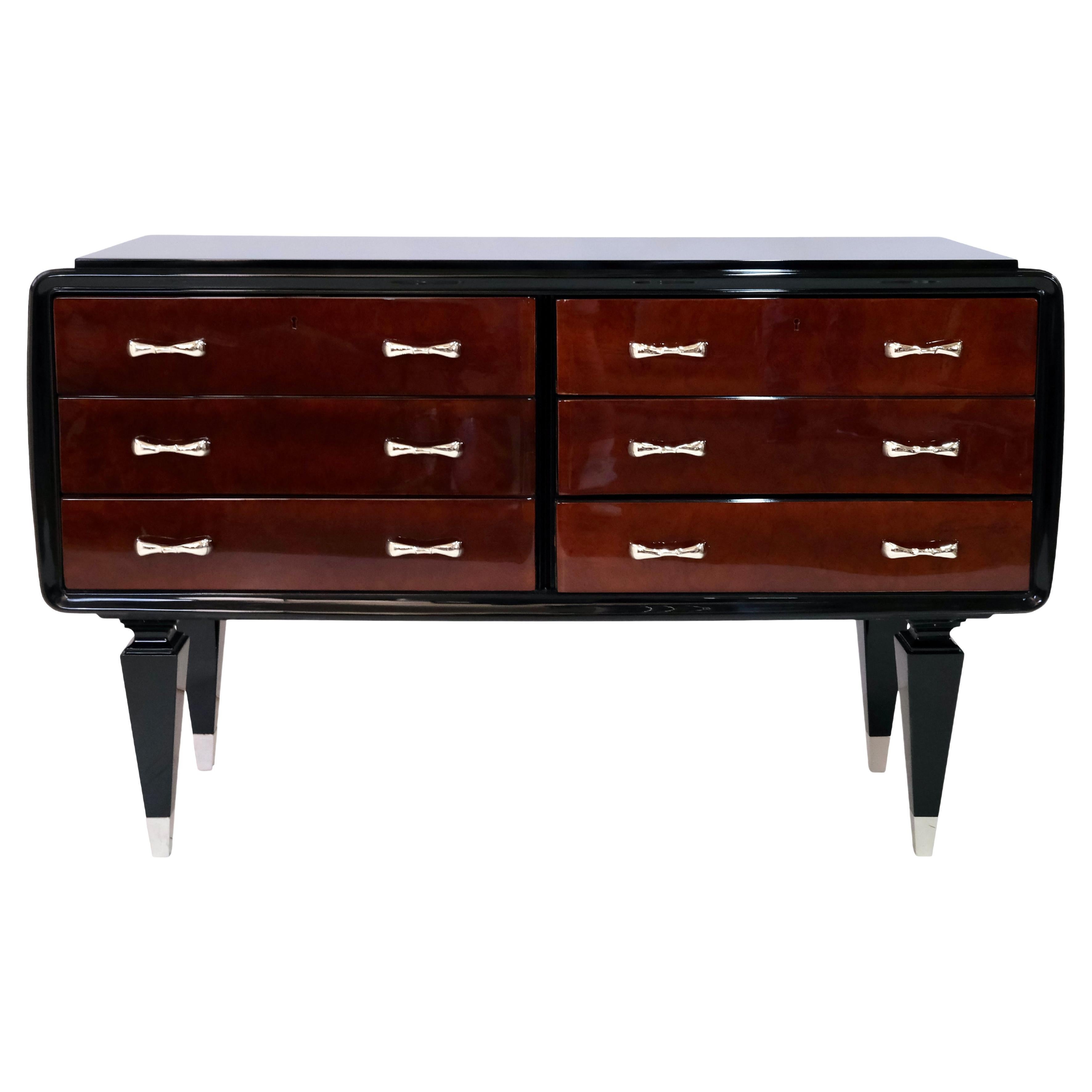 Early 1950s Art Deco Style Italian Black Glass Sideboard With Bronze ...