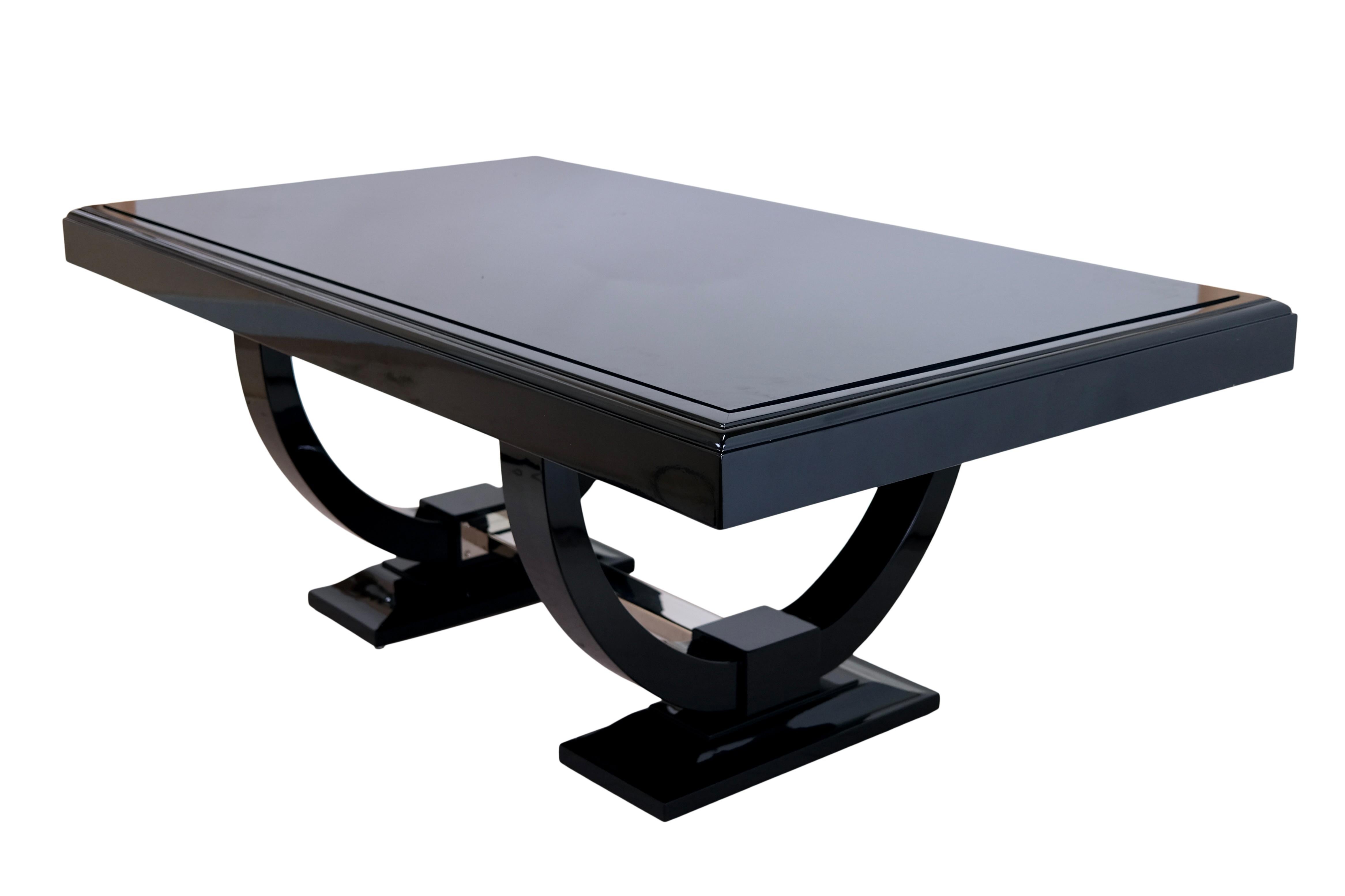 French 1930s Art Deco Dining Table in Black Piano Lacquer with U-Shaped ...