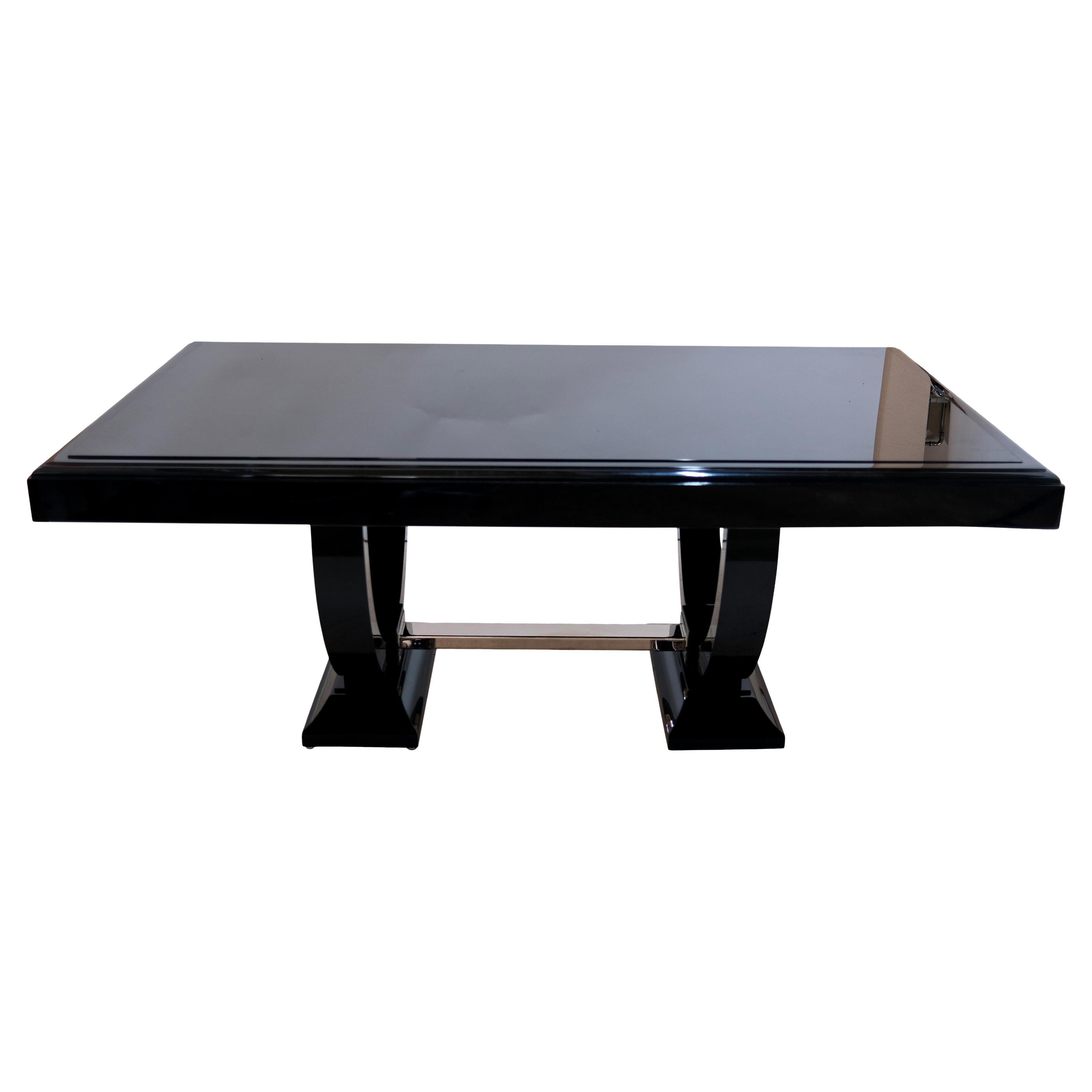 French 1930s Art Deco Dining Table in Black Piano Lacquer with U-Shaped ...