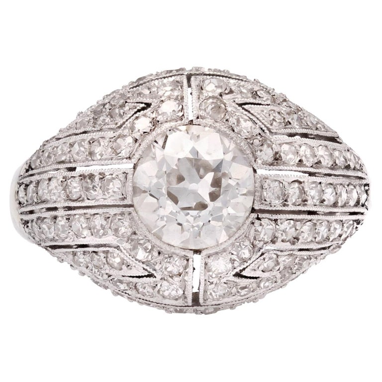 French 1930s Diamond Platinum Art Deco Dome Ring For Sale at 1stDibs