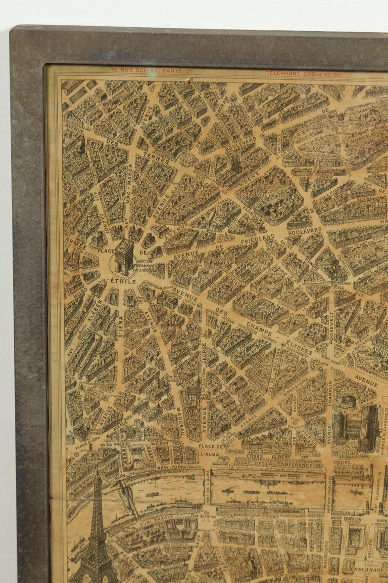 French 1930s Map of Paris à Vol d'Oiseau under Glass in Custom Iron ...