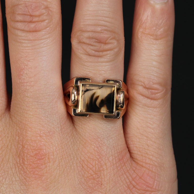 French 1930s Natural Agate 18 Karat Rose Gold Signet Ring For Sale at ...