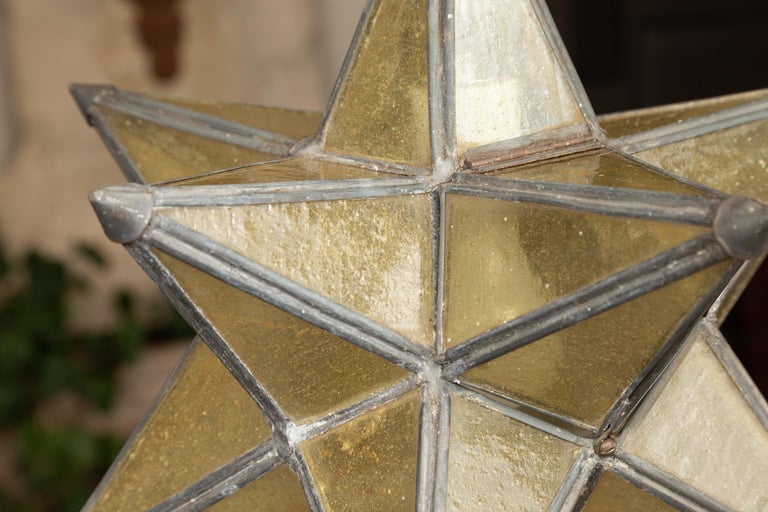 French 1930s Star Light Pendant with Metal Frame and Golden Glass ...