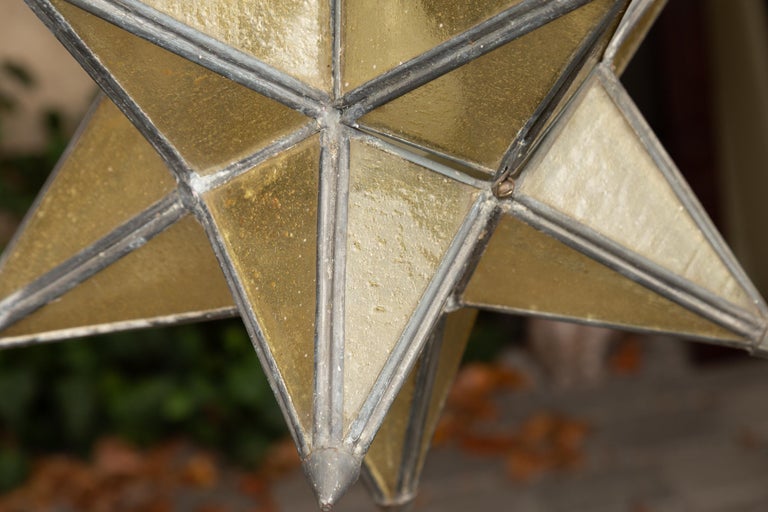 French 1930s Star Light Pendant with Metal Frame and Golden Glass ...