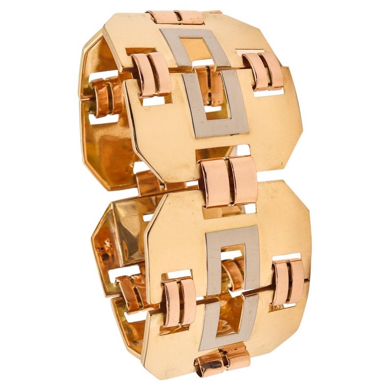 French 1935 Art Deco Retro Tricolor Geometric Tank Bracelet in 18Kt Solid Gold at 1stDibs