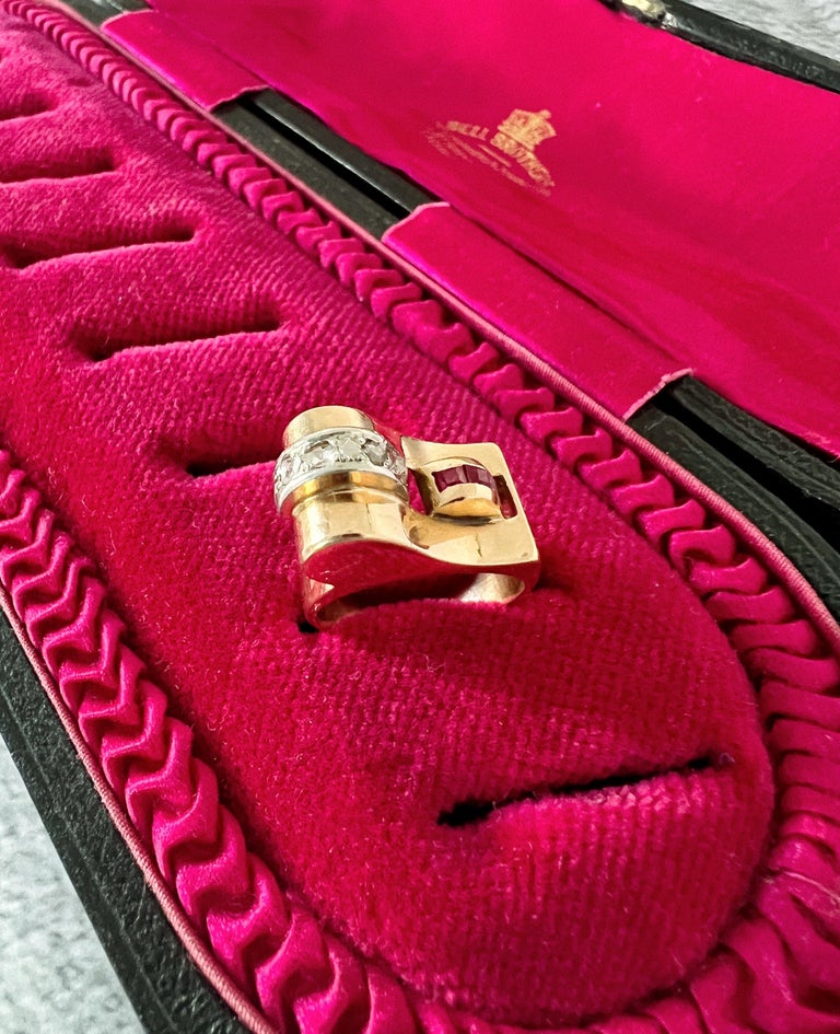 French 1940s 18k Yellow Gold Diamond Ruby Tank Ring For Sale at 1stDibs