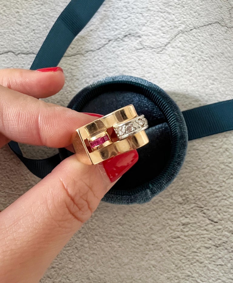 French 1940s 18k Yellow Gold Diamond Ruby Tank Ring For Sale at 1stDibs