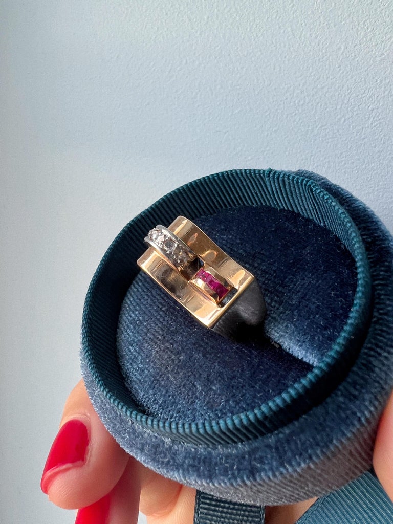 French 1940s 18k Yellow Gold Diamond Ruby Tank Ring For Sale at 1stDibs