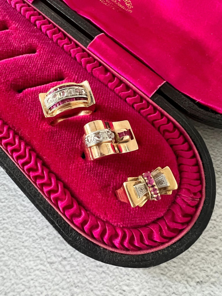 French 1940s 18k Yellow Gold Diamond Ruby Tank Ring For Sale at 1stDibs