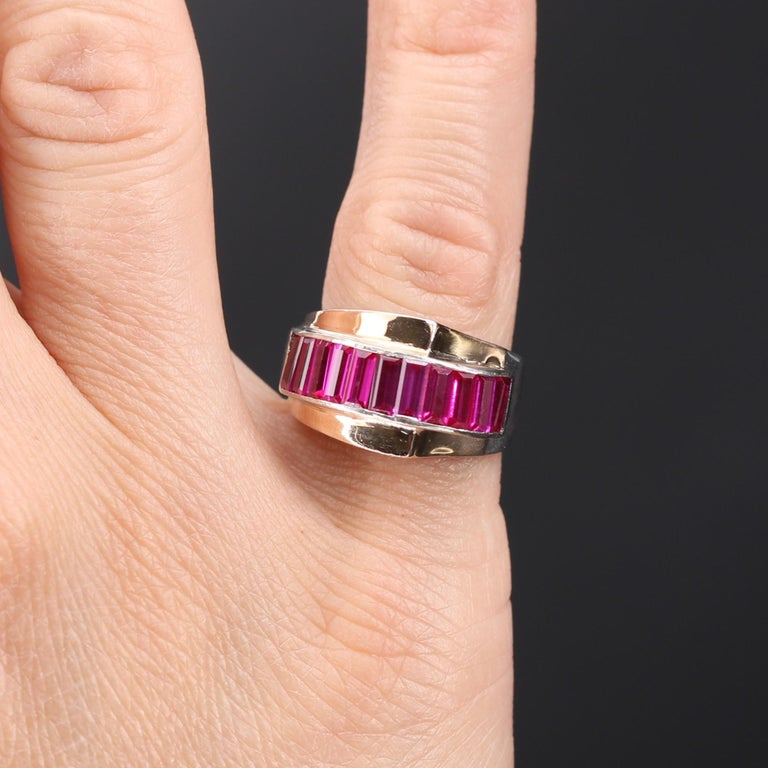 French 1940s Calibrated Synthetic Rubies Silver Tank Ring For Sale at ...