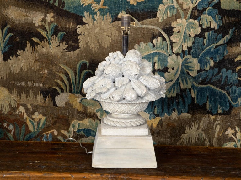French 1940s Carved Stone Table Lamp Depicting a Fruit Bowl on Pedestal ...