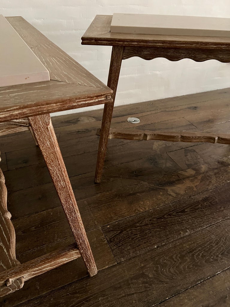 French 1940's Cerused Oak and Stone Top Scalloped Tables at 1stDibs