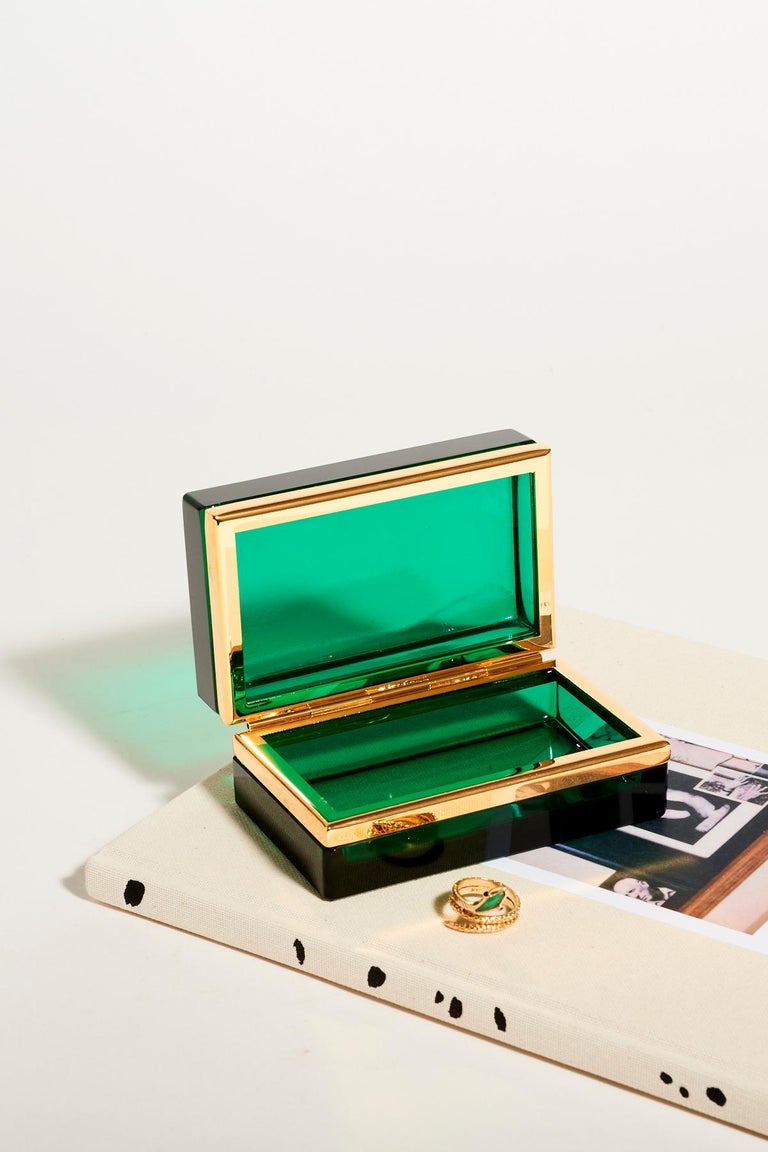 French 1940s Emerald Green Glass Jewelry Box at 1stDibs