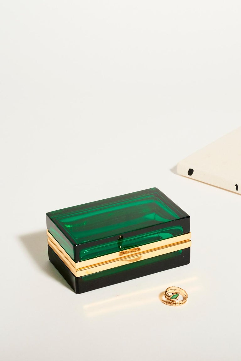 French 1940s Emerald Green Glass Jewelry Box at 1stDibs
